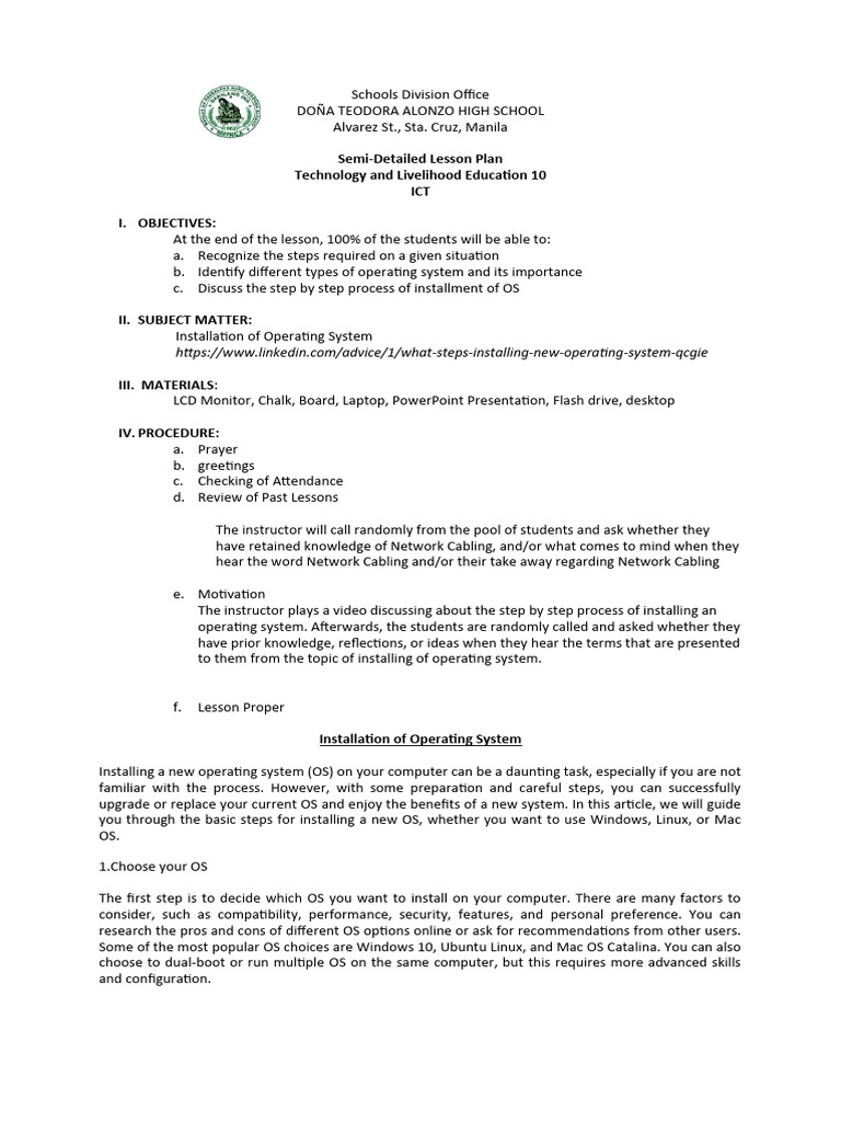 Installation Of Operating System Lesson Plan Pdf Installation Computer Programs 