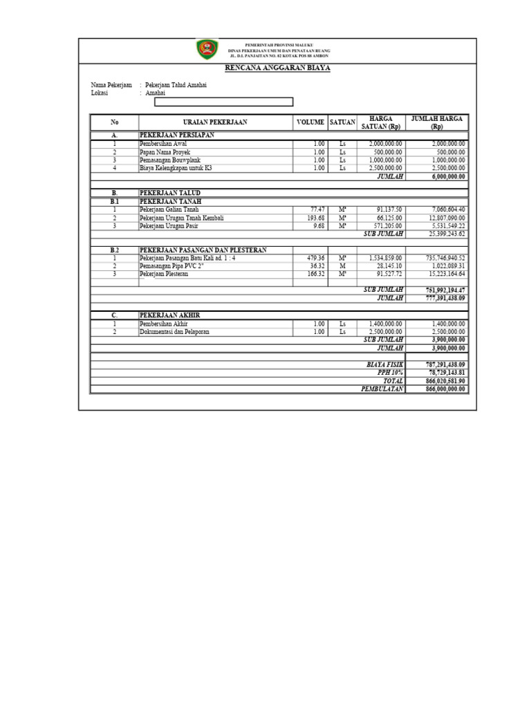 RAB Proyek Talud Amahai | PDF