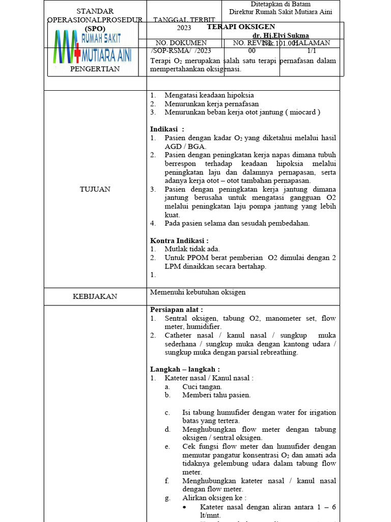 Terapi Oksigen: SOP RSMA 2023 | PDF