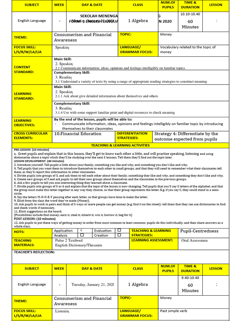 lesson plan form 1 | PDF | Lesson Plan | Linguistics
