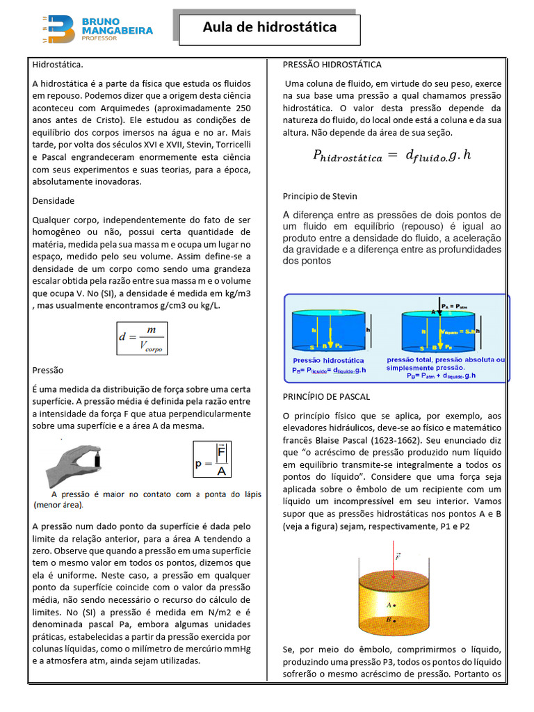 Hidrostática | PDF | Pressão | Quantidades físicas