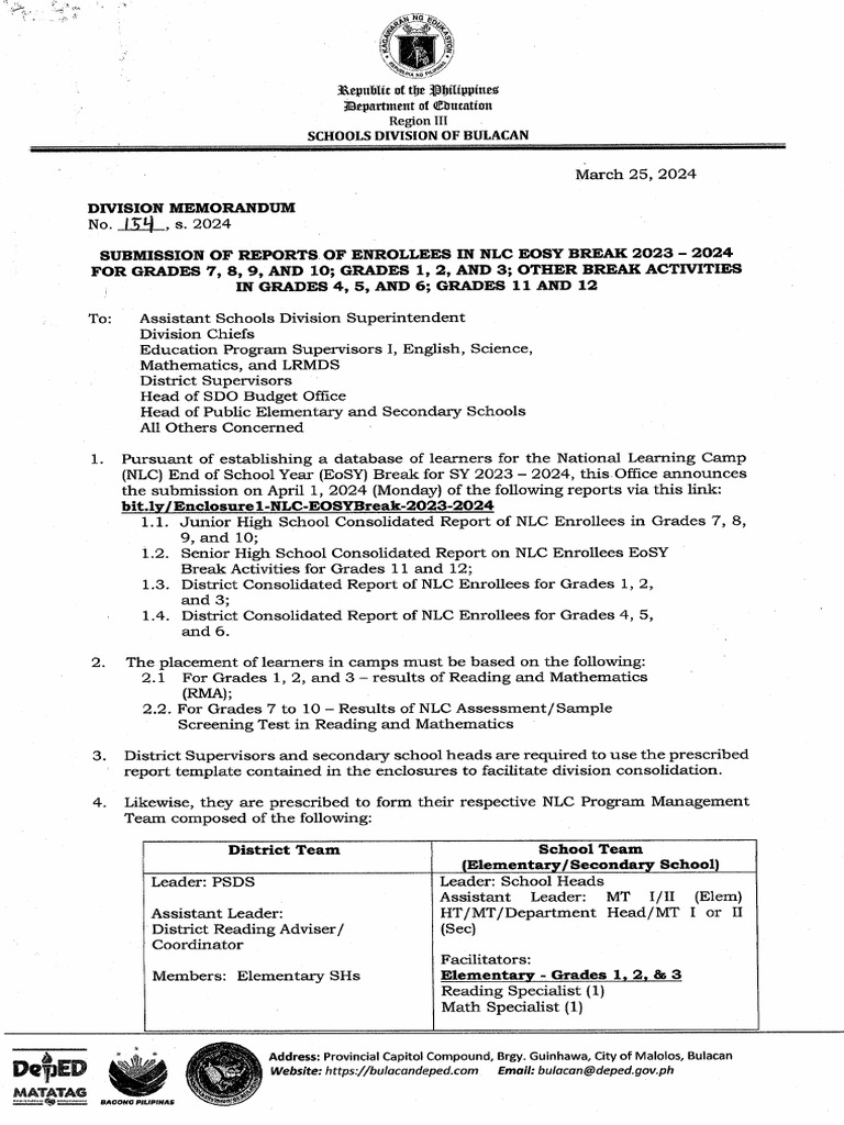 Division Memorandum No 154 S 2024 | PDF