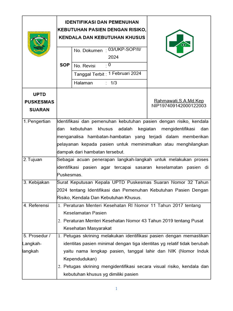 3.1.1 EP A SOP Identifikasi Dan Pemenuhan Kebutuhan Pasien Dengan Resiko, Kendala Dan Kebutuhan ...