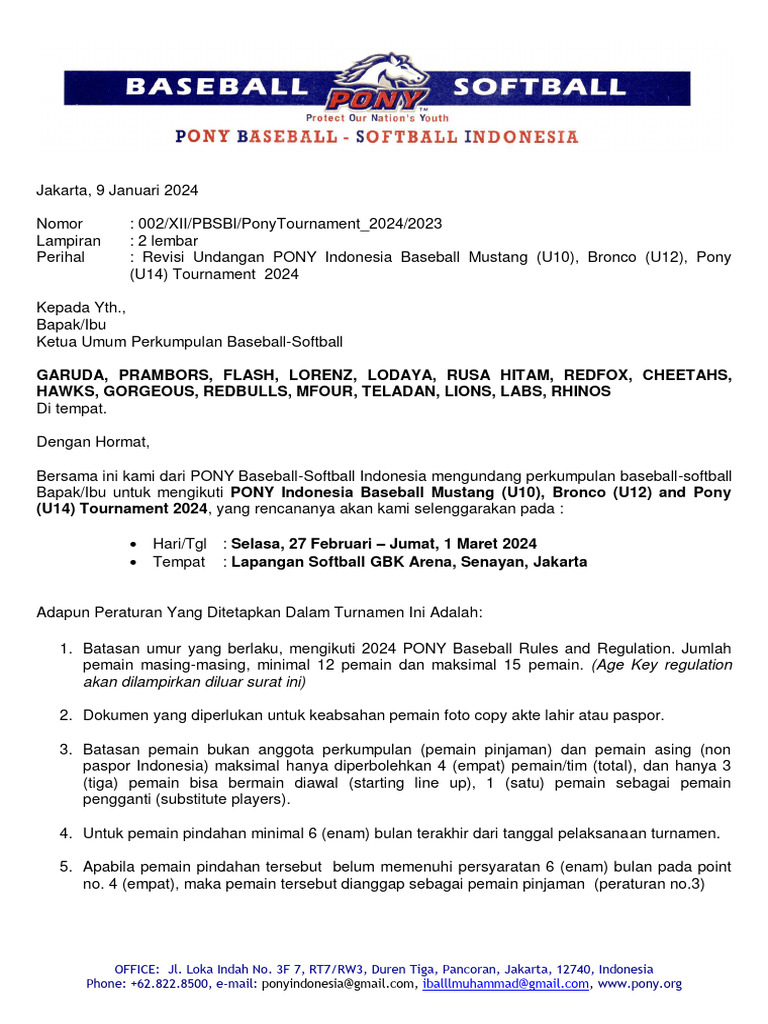 Surat Undangan PONY Indonesian Baseball Tournament 2024 & Age Key ...