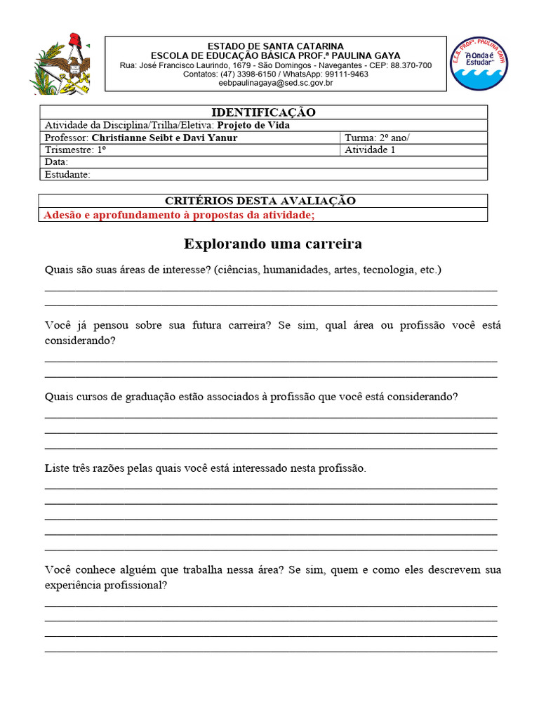 Atividade 1 Projeto De Vida 3º Ano 1º Tri Pdf