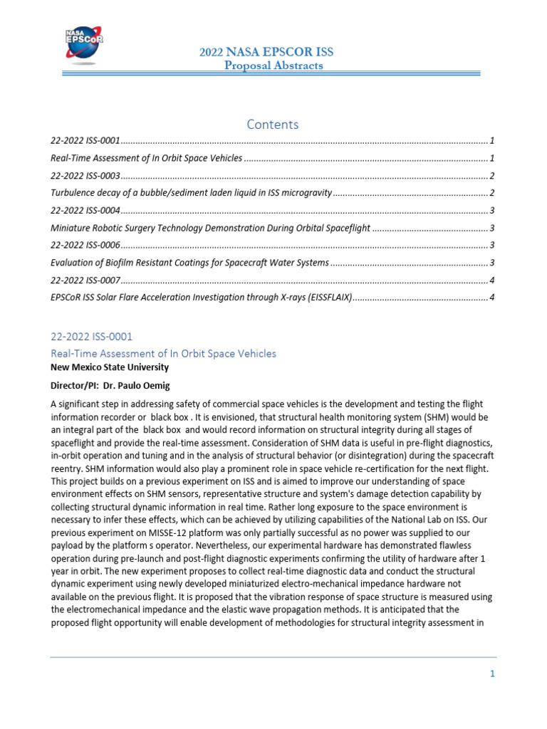 Fy2022 Iss Selected Proposal Abstracts | PDF | International Space ...