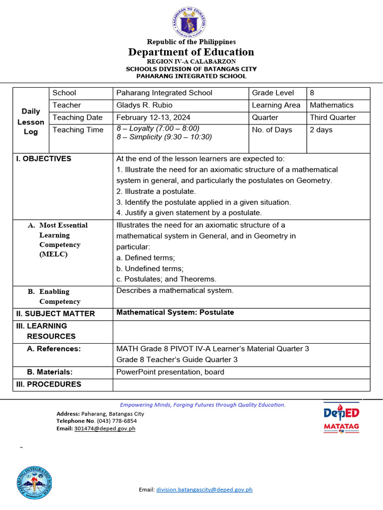 Grade 8 Math Lesson on Postulates | PDF | Axiom | Mathematics