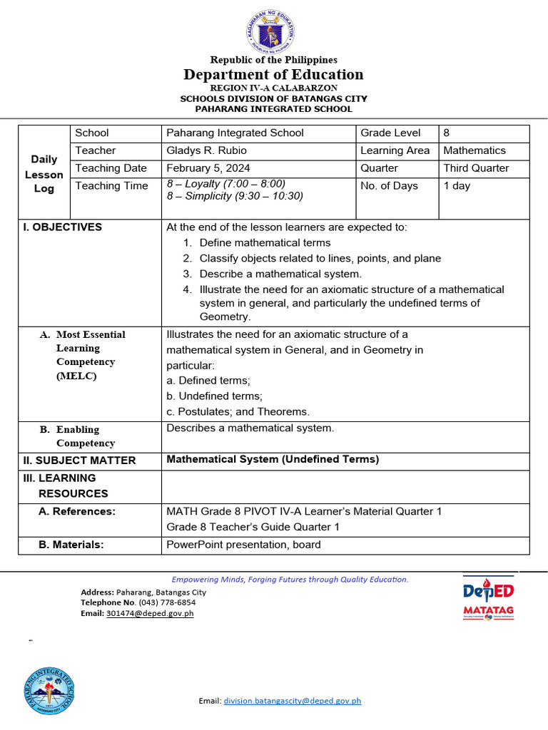 Lesson Plan in Math 8 Quarter 4 | Download Free PDF | Mathematics | Axiom