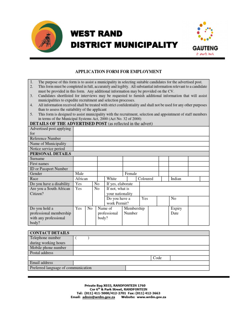 West Rand Municipality Employment Form | PDF | Recruitment | Justice
