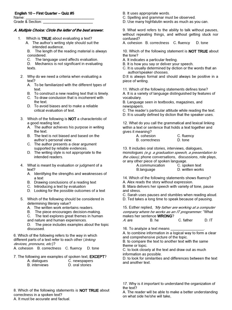 Evaluating Texts: Quiz for Grade 10 | PDF | Speech | Fluency
