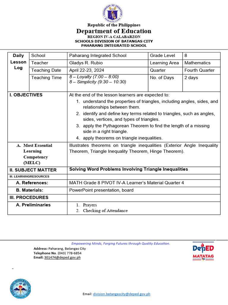 Grade 8 Math Lesson on Triangles | PDF | Triangle | Mathematics