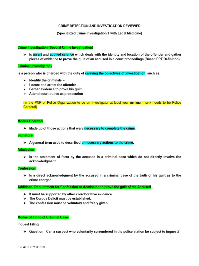 Crime Detection and Investigation Reviewer 1 | PDF | Crime Scene ...