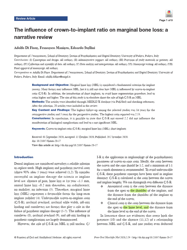 Di Fiore 2020 - crown implant ratio narrative review | PDF | Dental Implant | Tooth