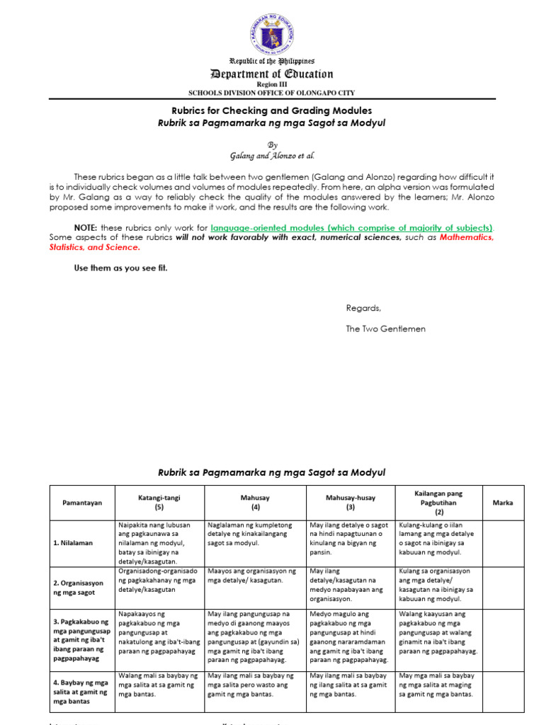 Rubrics For Checking and Grading Modules | PDF