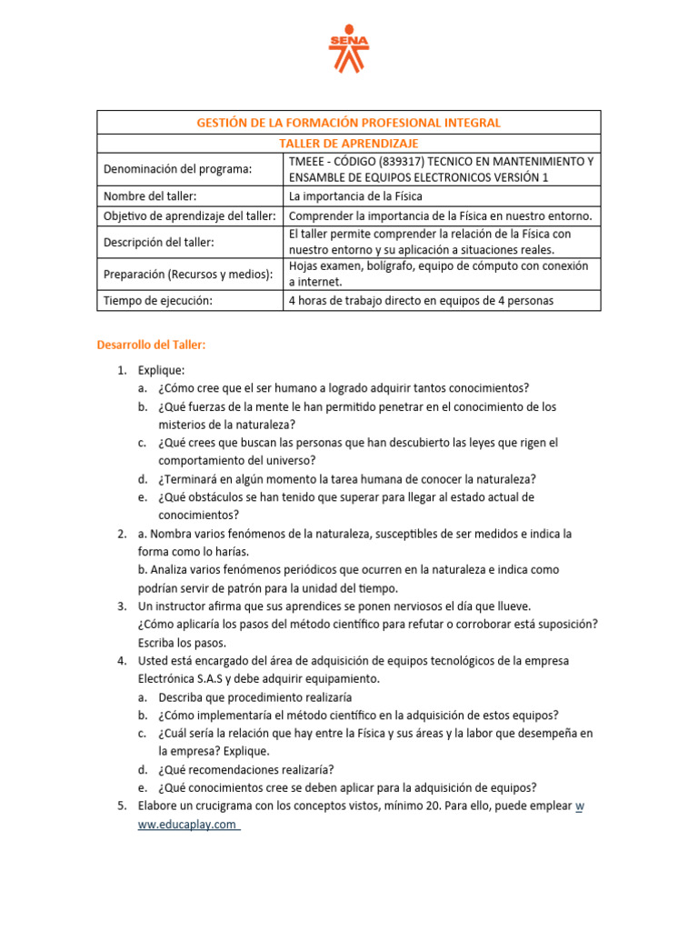 Taller 1. La Importancia de La Física Acrm | PDF | Física | Método científico