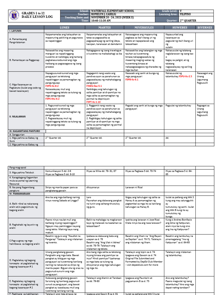 DLL - Filipino 5 - Q2 - W3 | PDF