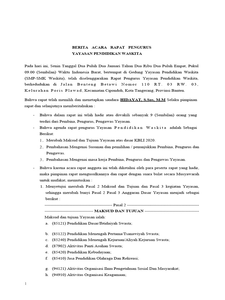 REVISI BAST RAPAT YAYASAN PENDIDIKAN WASKITA Tahun 2024 | PDF REVISI BAST RAPAT YAYASAN PENDIDIKAN WASKITA Tahun 2024 | PDF