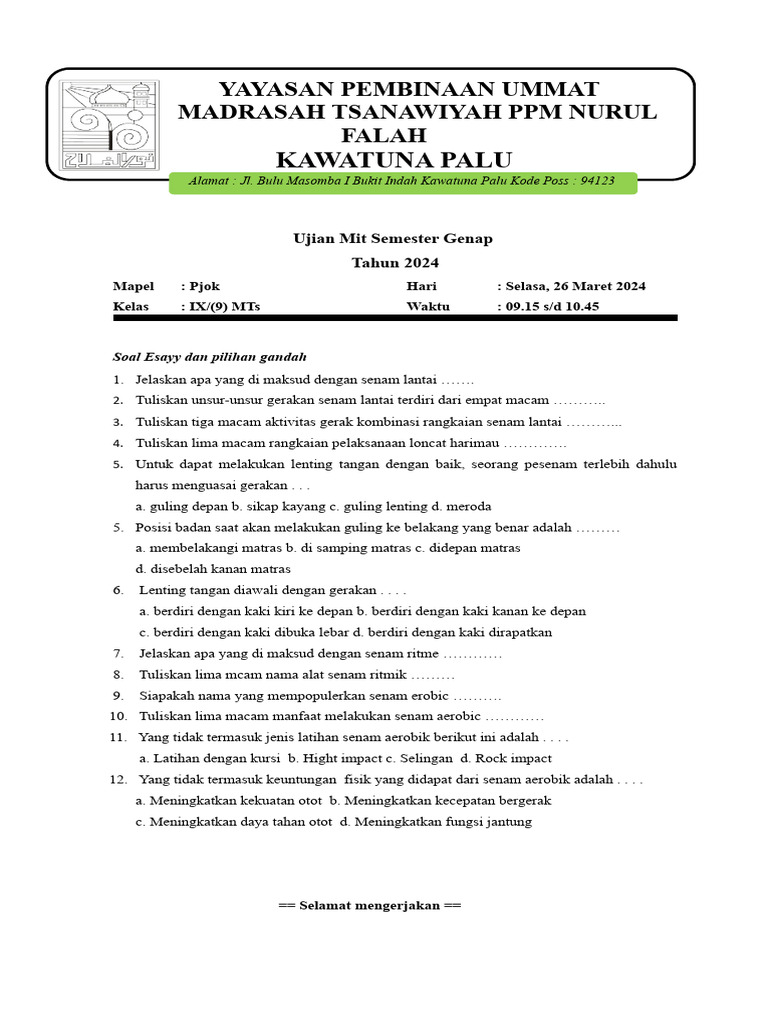 Soal Pjok Kls 9 Mts 2024 | PDF