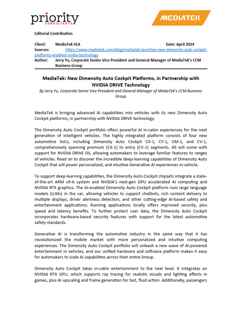 MediaTek - MediaTek - New Dimensity Auto Cockpit Platforms, in ...