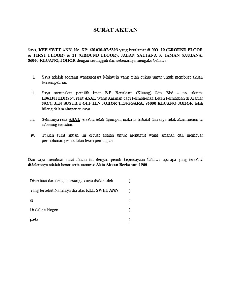 SURAT AKUAN_PESURUHJAYA SUMPAH KLUANG | PDF