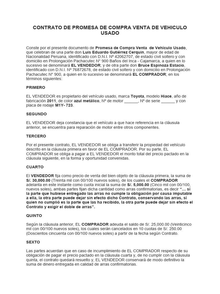 Contrato de Promesa de Compra Venta de Vehiculo Usado | PDF