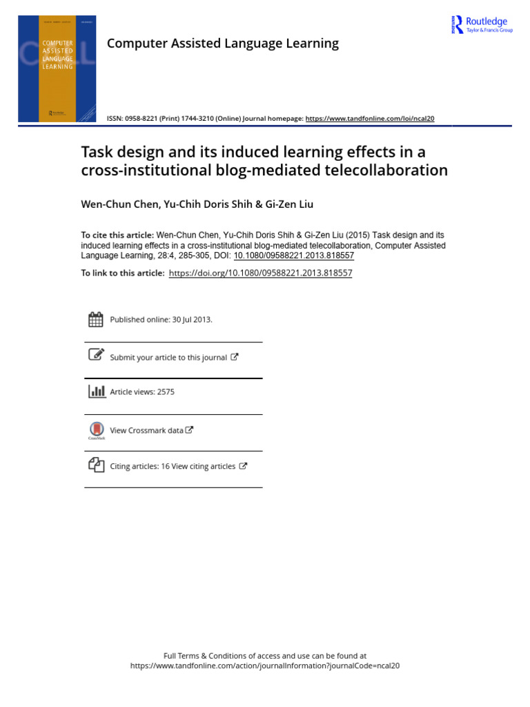 Task Design and Its Induced Learning Effects in A Cross-Institutional Blog-Mediated ...
