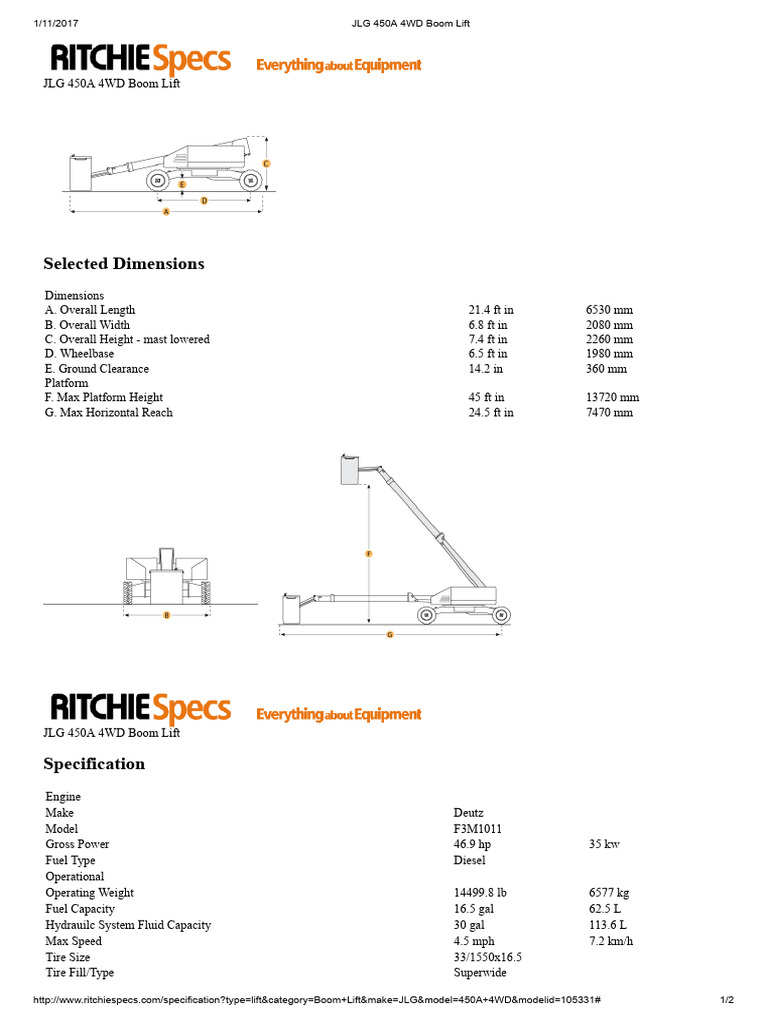 JLG 450A 4WD Boom Lift Specs | PDF | Length | Vehicle Technology