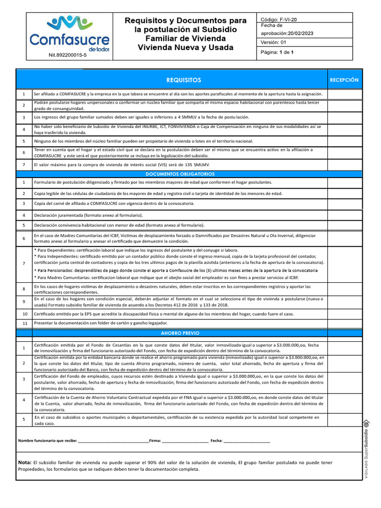 FORMULARIO COMFASUCRE Vivienda Nueva Usada 2024 | PDF | Documento de identidad | Gobierno y ...