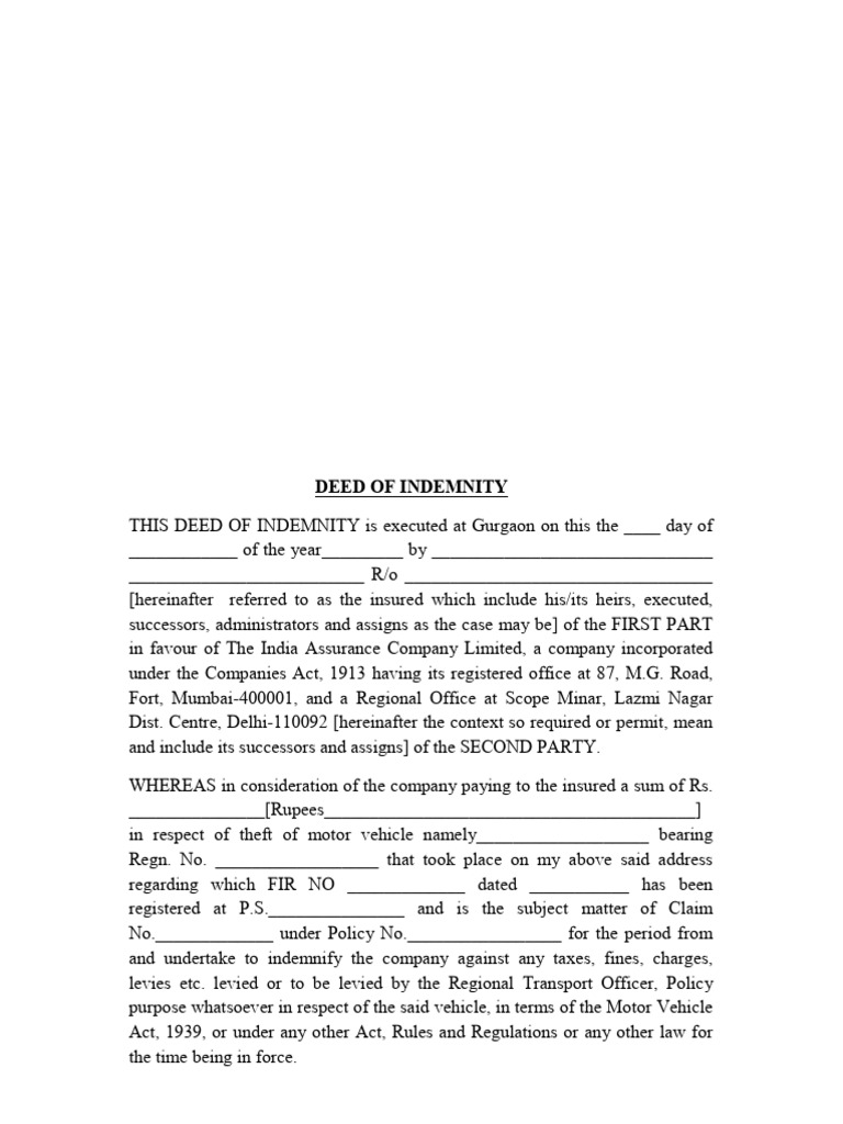 Deed of Indemnity | PDF | Indemnity | Subrogation
