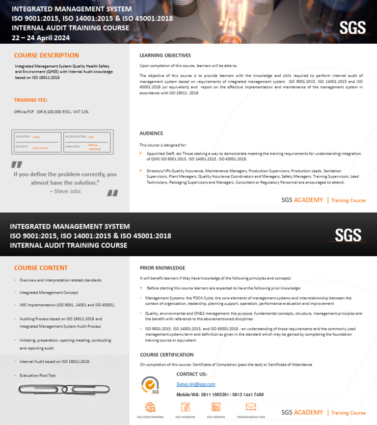 Integrated Internal Audit Training Course | PDF | Iso 9000 | Business