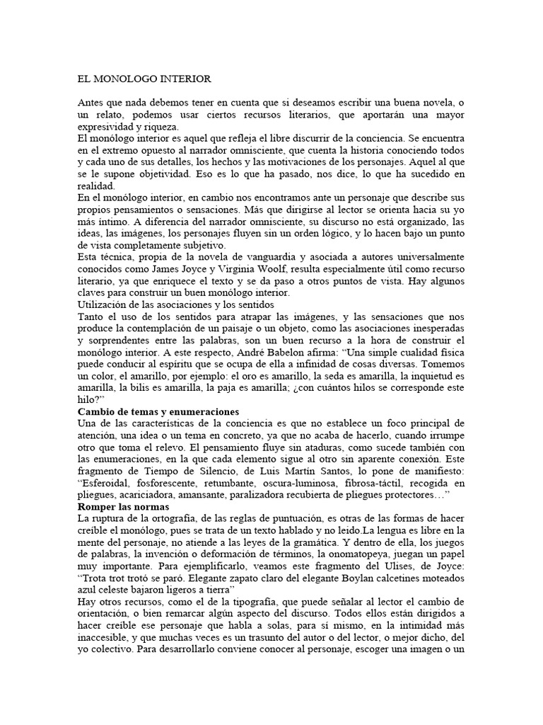 Técnicas del Monólogo Interior | PDF | Monólogo | Novelas
