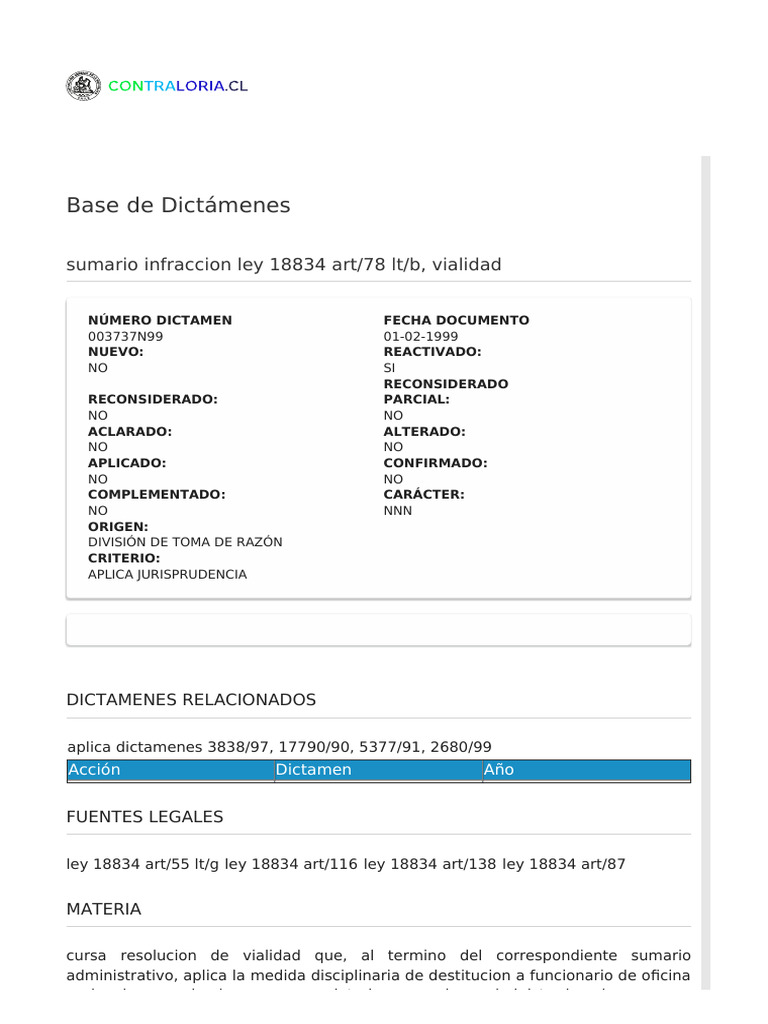Base de Dictámenes: Sumario Infraccion Ley 18834 Art/78 LT/B, Vialidad ...