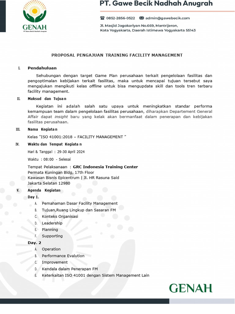 Pengajuan Training Facility Management | PDF