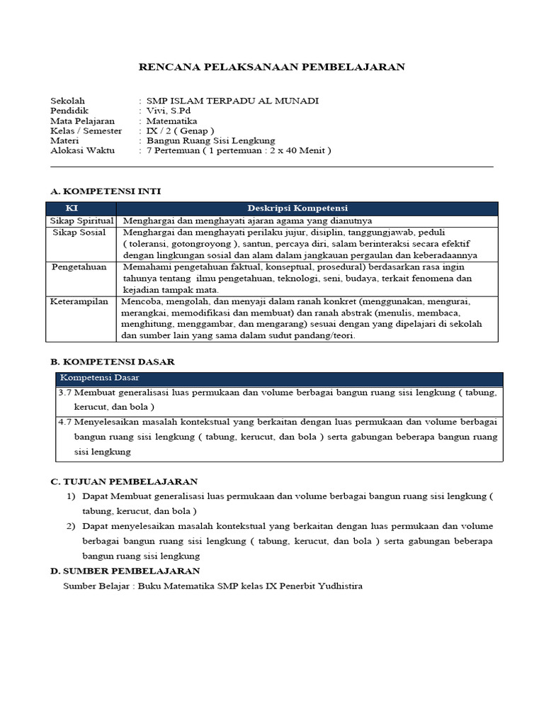 RPP Bangun Ruang Sisi Lengkung | PDF | Karier & Perkembangan