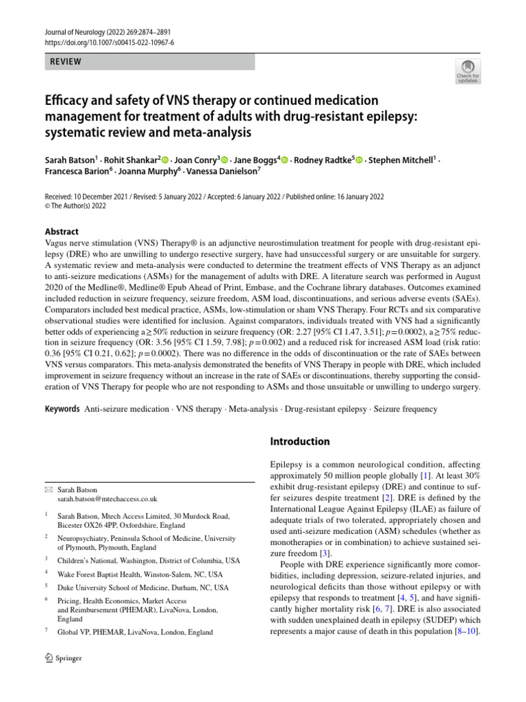 Sarah Batson Efficacy and Safety of Vns Therapy or | PDF | Randomized Controlled Trial | Epilepsy