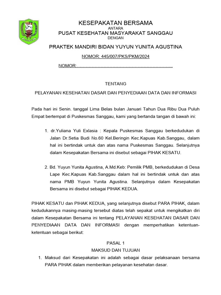 PERJANJIAN KERJASAMA BIDAN DAN PUSKESMAS | PDF