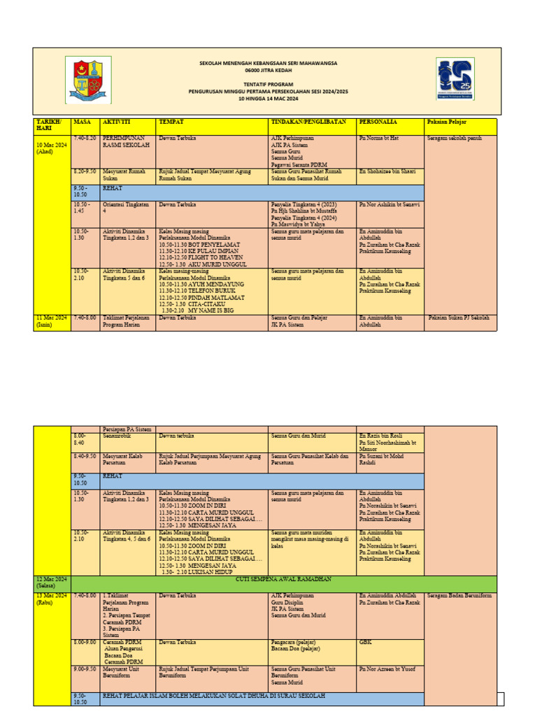 PENGURUSAN PEMBUKAAN MINGGU PERTAMA PERSEKOLAHAN SESI 2024 | PDF