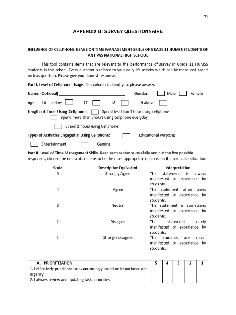 RESEARCH QUESTIONNAIRE | PDF | Goal | Time Management