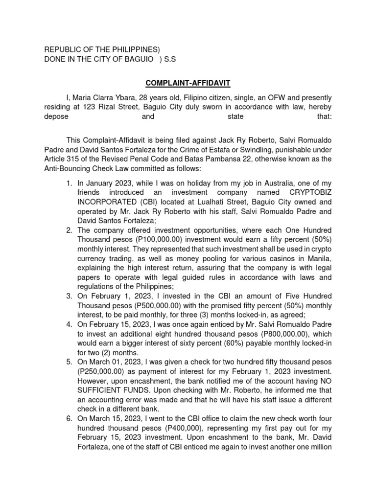 Complaint Affidavit Estafa | PDF | Affidavit | Money