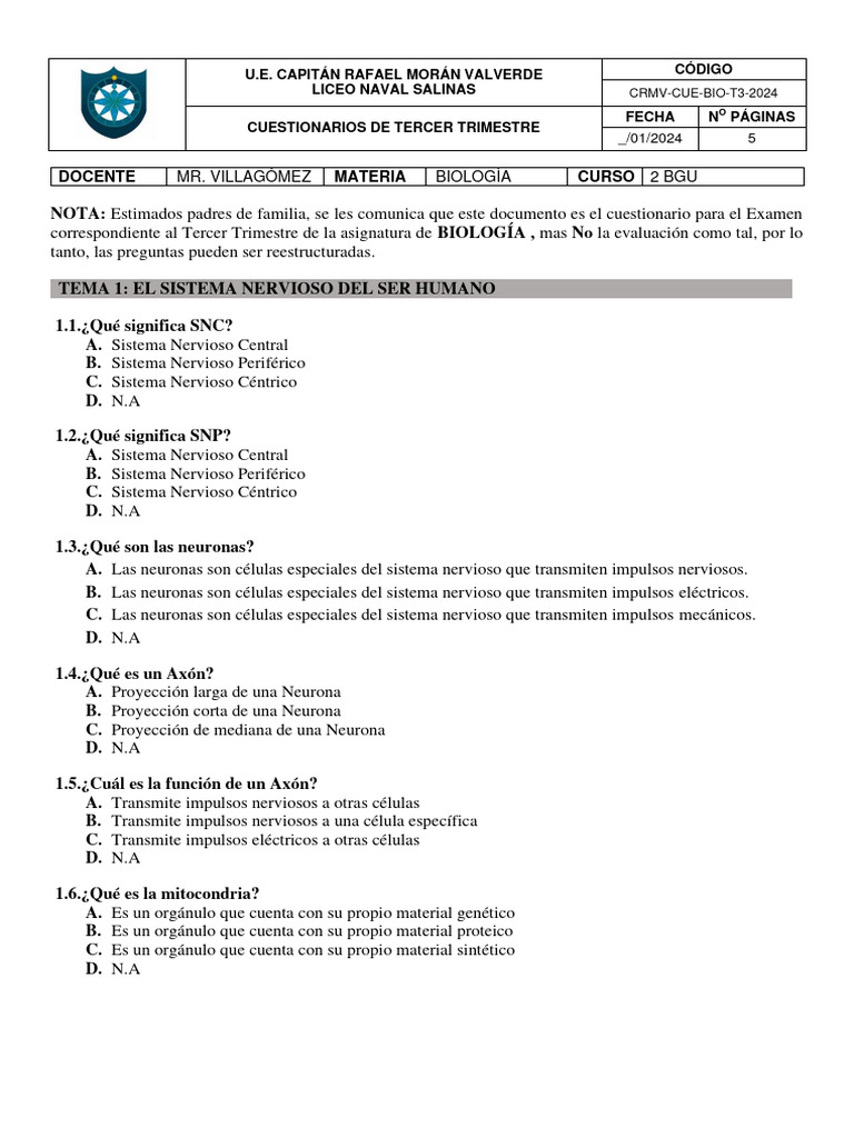 Cuestionario de Biologia | PDF | Sistema endocrino | Hormona