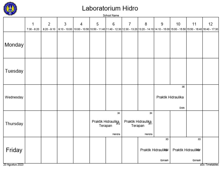 Jadwal Kuliah 2023-2024 Gasal V2 - Laboratorium Hidro | PDF