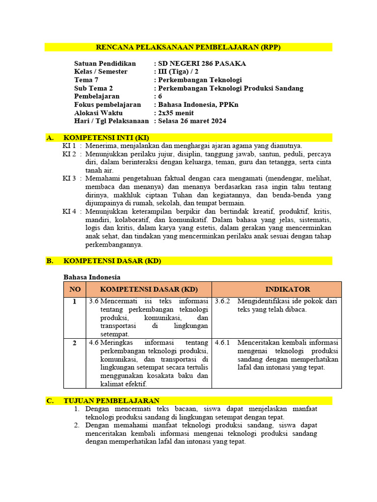 RPP Kelas 3 Tema 7 Subtema 2 Pembelajaran 6 | PDF