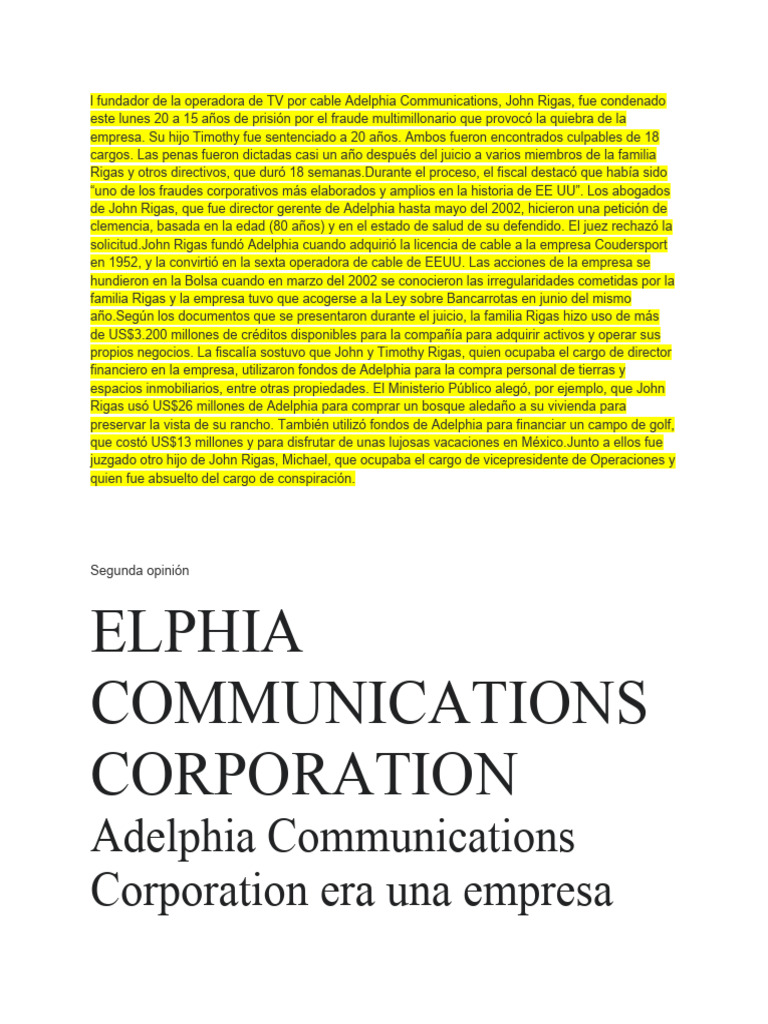 l fundador de la operadora de TV por cable Adelphia borrador escrito ...