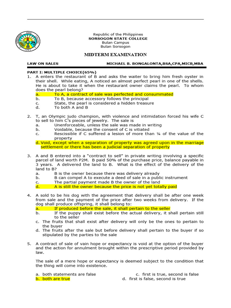 Midterm Examination Law On Sales 2022 | PDF | Legal Liability | Prices