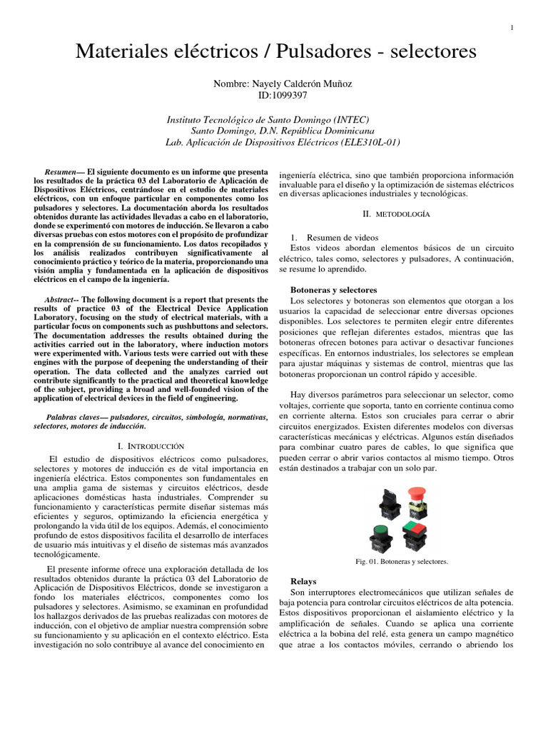 Lab. 03 Materiales Eléctricos Pulsadores - Selectores | PDF | Relé | Cantidades fisicas