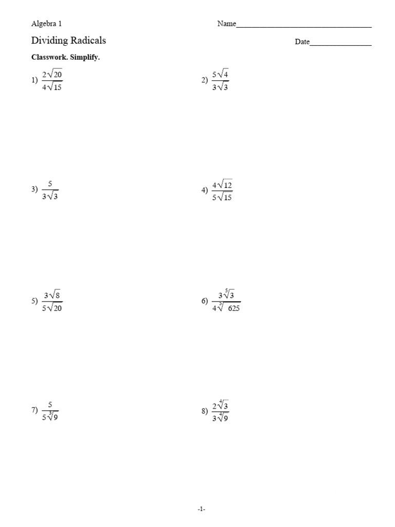 Dividing Radicals Worksheet | PDF