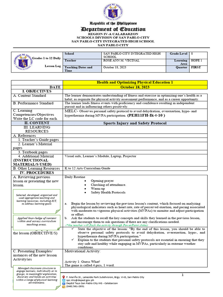 Melc-: Health and Optimizing Physical Education 1 Date October 18, 2023 I. Objectives | PDF ...
