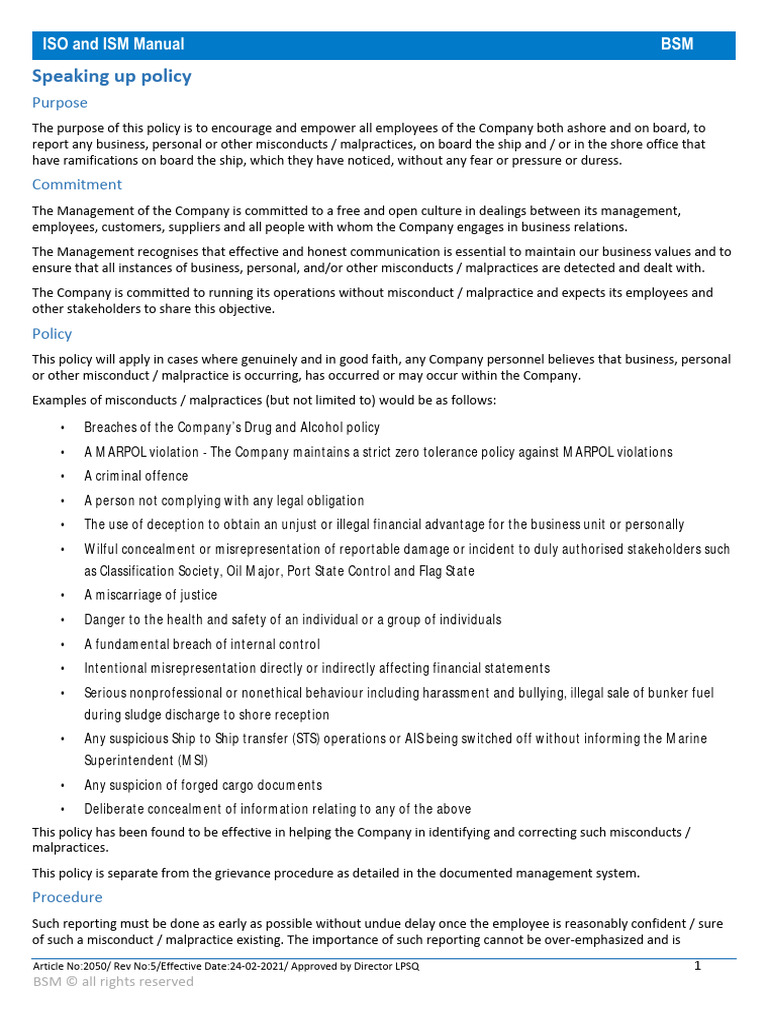 ISO-Speaking Up Policy | PDF | Employment | Justice