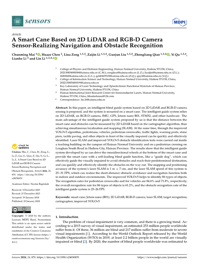 A Smart Cane Based On 2D LiDAR and RGB-D Camera Se | PDF | Lidar | Visual Impairment