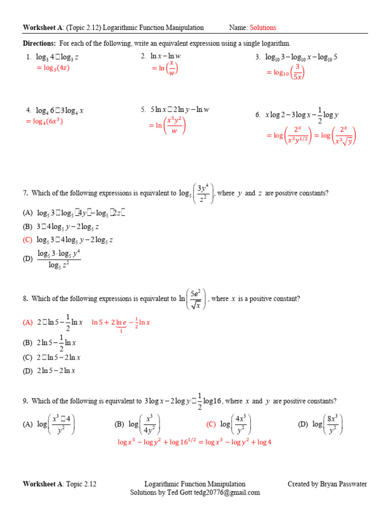 Worksheet A Key Topic 2.12 Logarithmic Function Manipulation | PDF ... Worksheet A Key Topic 2.12 Logarithmic Function Manipulation | PDF ...